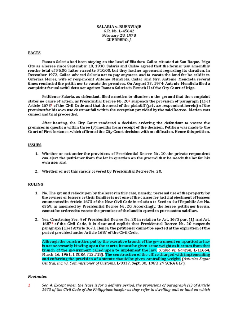 Ejectment Case: Salaria v. Mendiola | PDF | Lease | Common Law