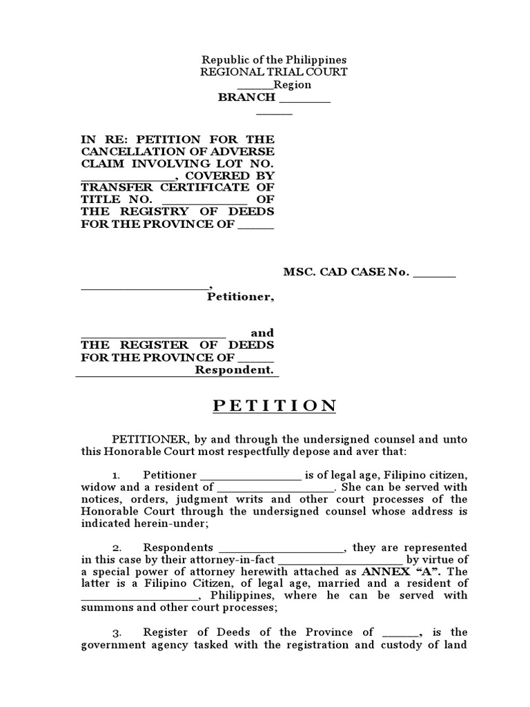 Petition For Cancellation of Adverse Claim | PDF | Law And Economics ...