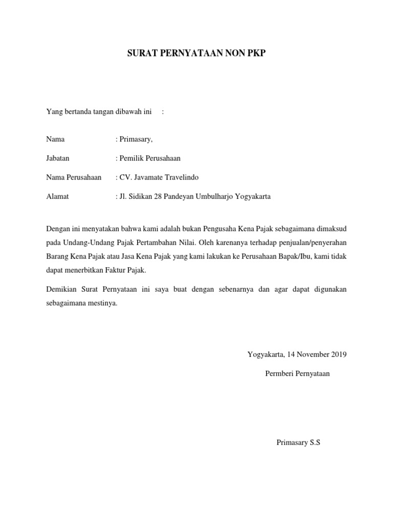 Surat Pernyataan Non PKP | PDF