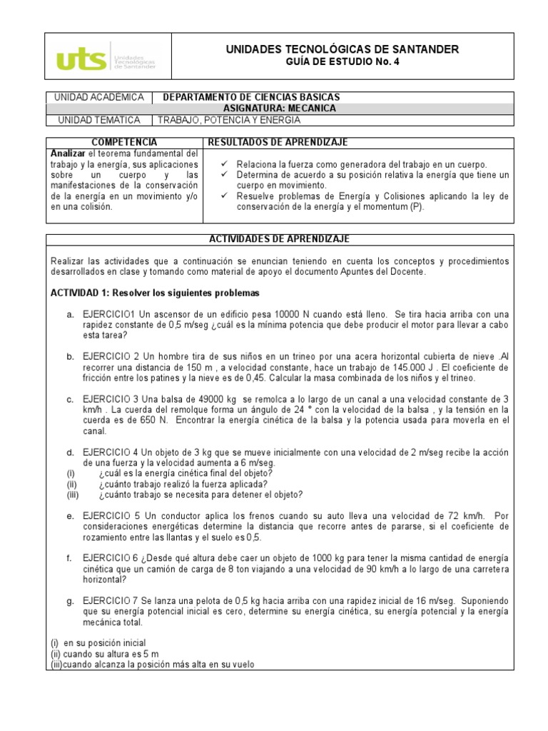 4 Trabajo, Potencia y Energía | PDF | Fricción | Cinética química