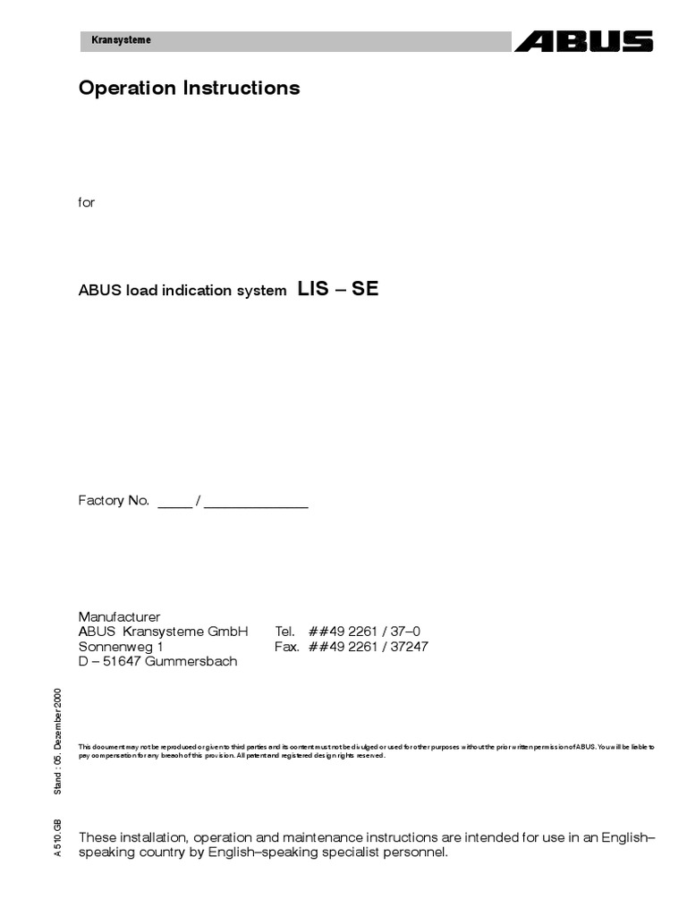 Operation Instructions: ABUS Load Indication System | PDF | Power ...