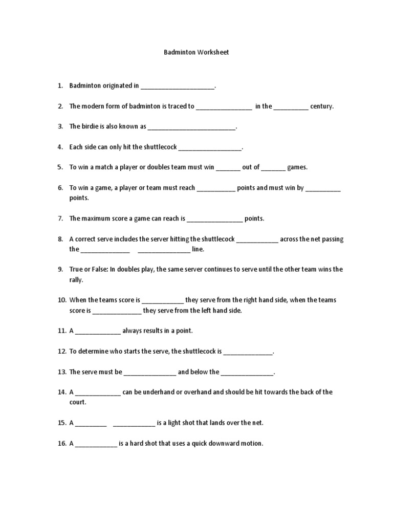 Badminton Worksheet | PDF | Competitive Games | Summer Olympic Sports