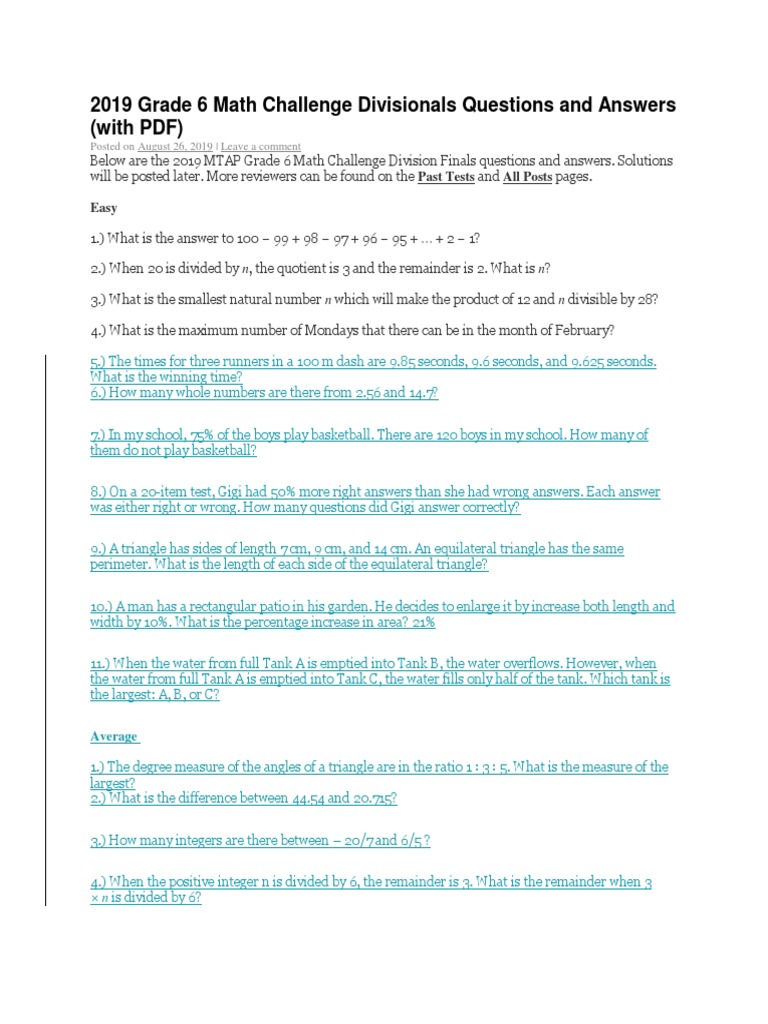 2019 Grade 6 Math Challenge Divisionals Questions and Answers | PDF ...