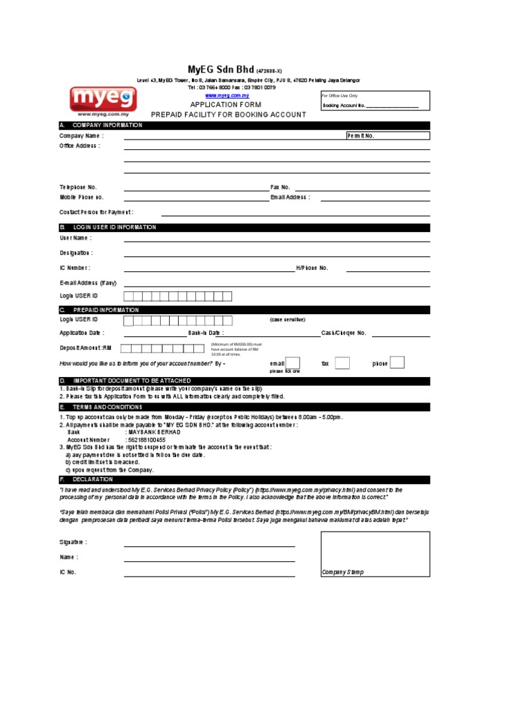 Myeg SDN BHD: Application Form Prepaid Facility For Booking Account ...