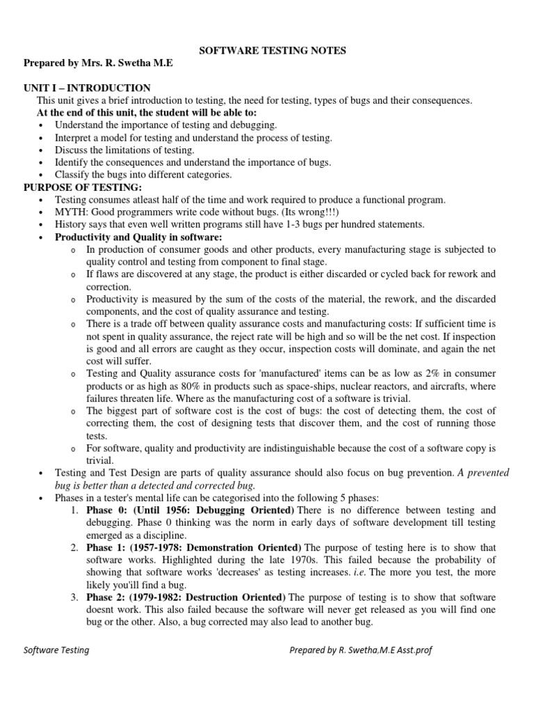 Software Testing Notes Prepared by Mrs. R. Swetha M.E Unit I ...