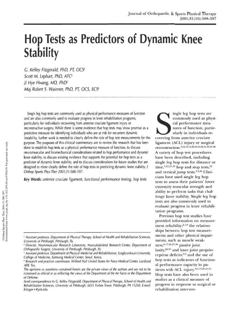 Hop Tests As Predictors of Dynamic Knee Stability | PDF | Knee ...