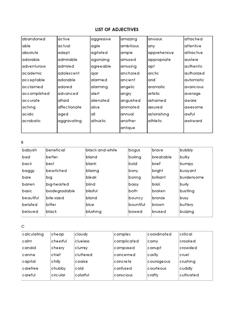 List of Adjectives | PDF | Nature