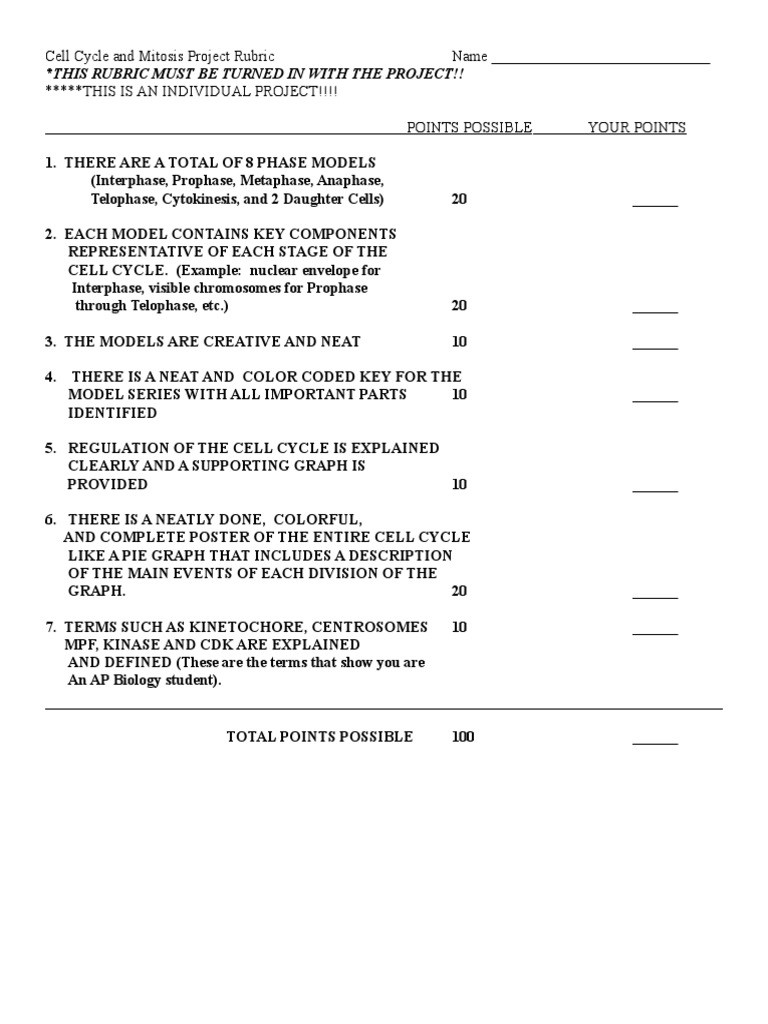 Cell Cycle and Mitosis Project Rubric | PDF