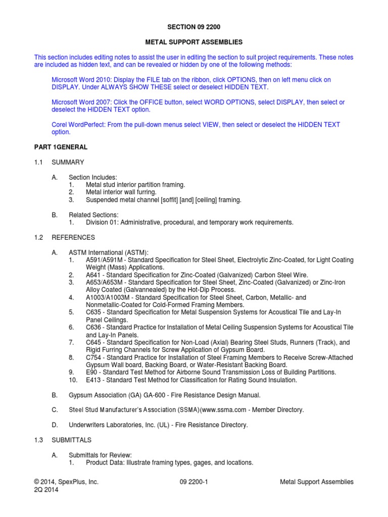 SECTION 09 2200 Metal Support Assemblies | PDF | Framing (Construction ...