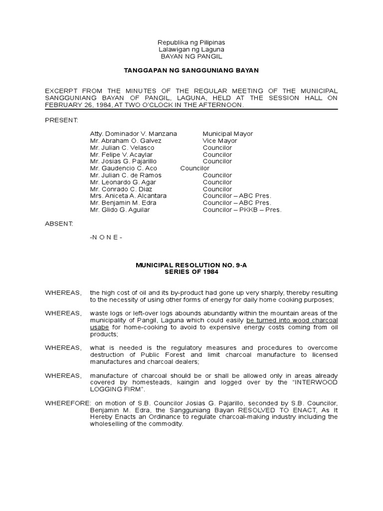 Municipal Resolution No. 9-A Series of 1984 | PDF | Public Law | Government