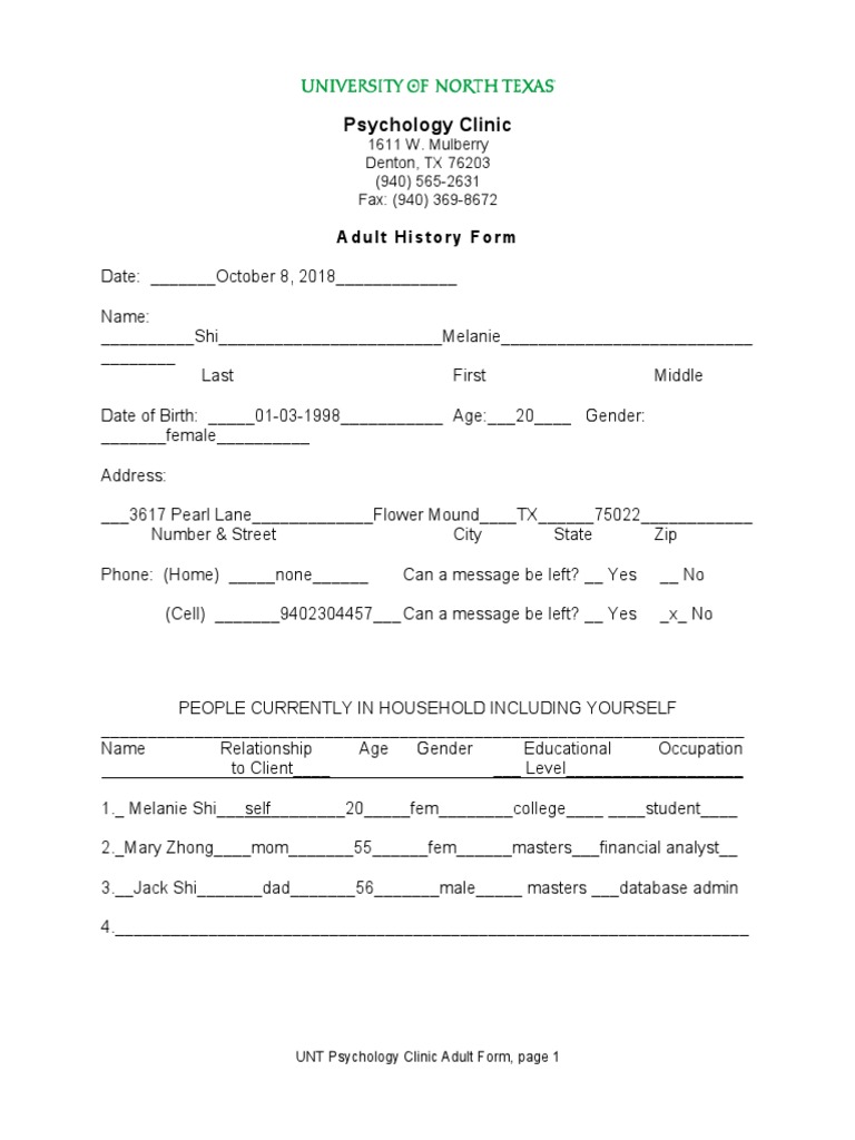 Psychology Clinic: Adult History Form | PDF | Mental Disorder ...