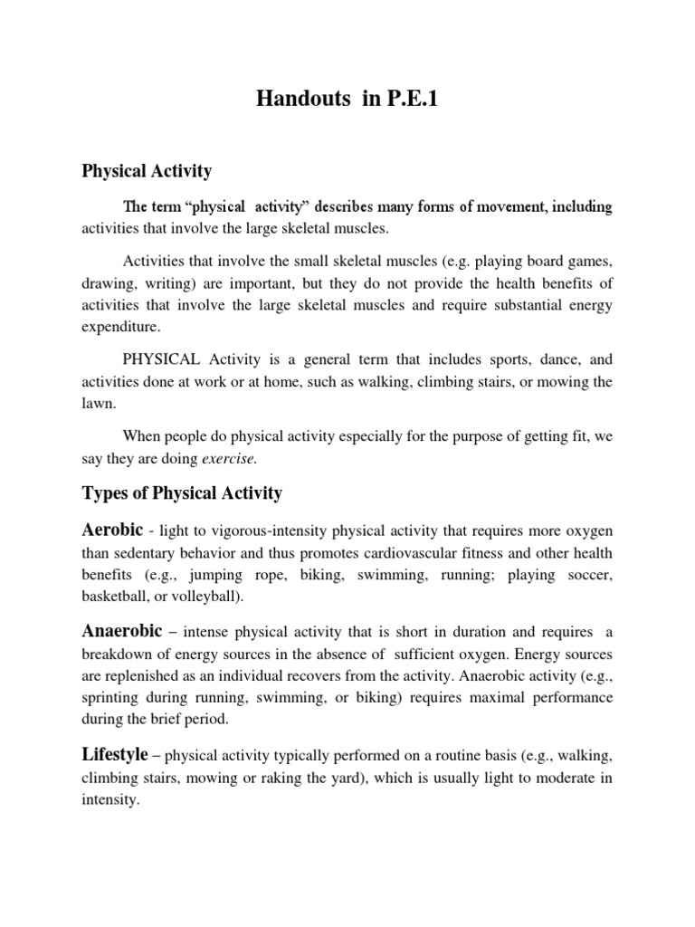 Handouts in P.E.1: Physical Activity | PDF | Physical Fitness ...
