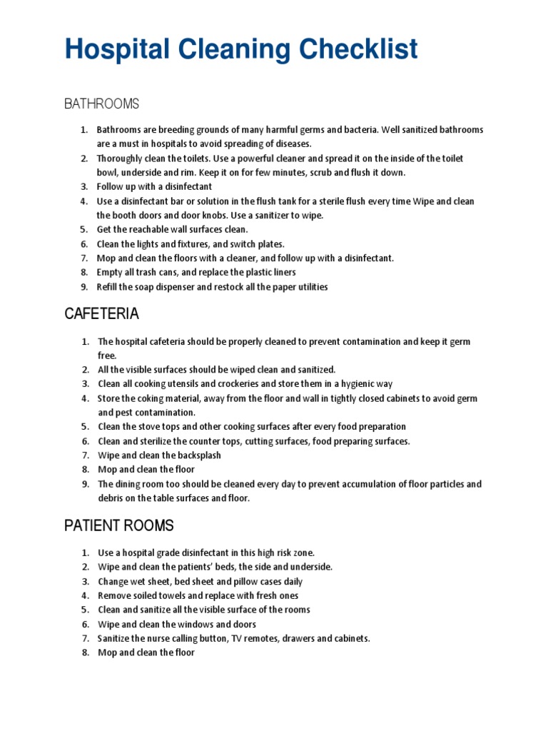 Hospital Cleaning Checklist | PDF | Hygiene | Bathroom