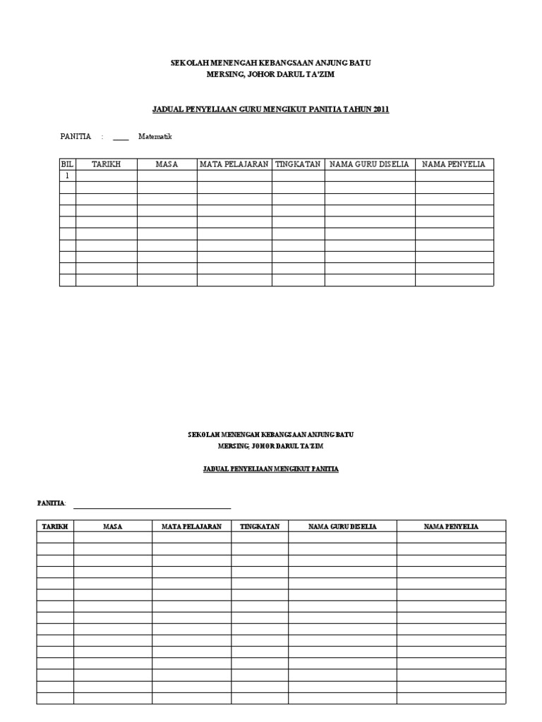 Jadual Penyeliaan Guru Panitia | PDF