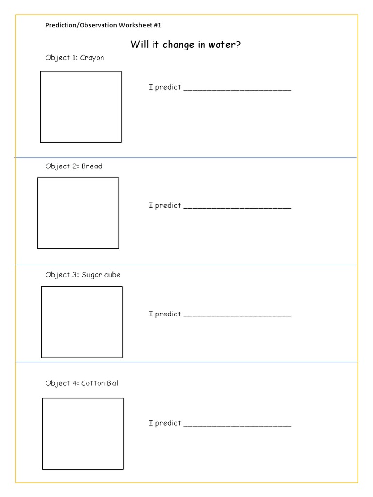 Will It Change in Water?: Prediction/Observation Worksheet #1 | PDF
