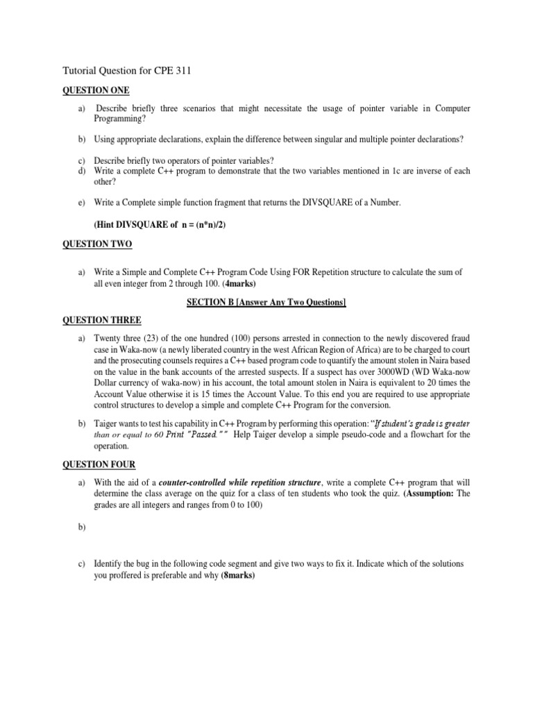Tutorial Question For C Programming Pdf Integer Computer Science Pointer Computer 5096