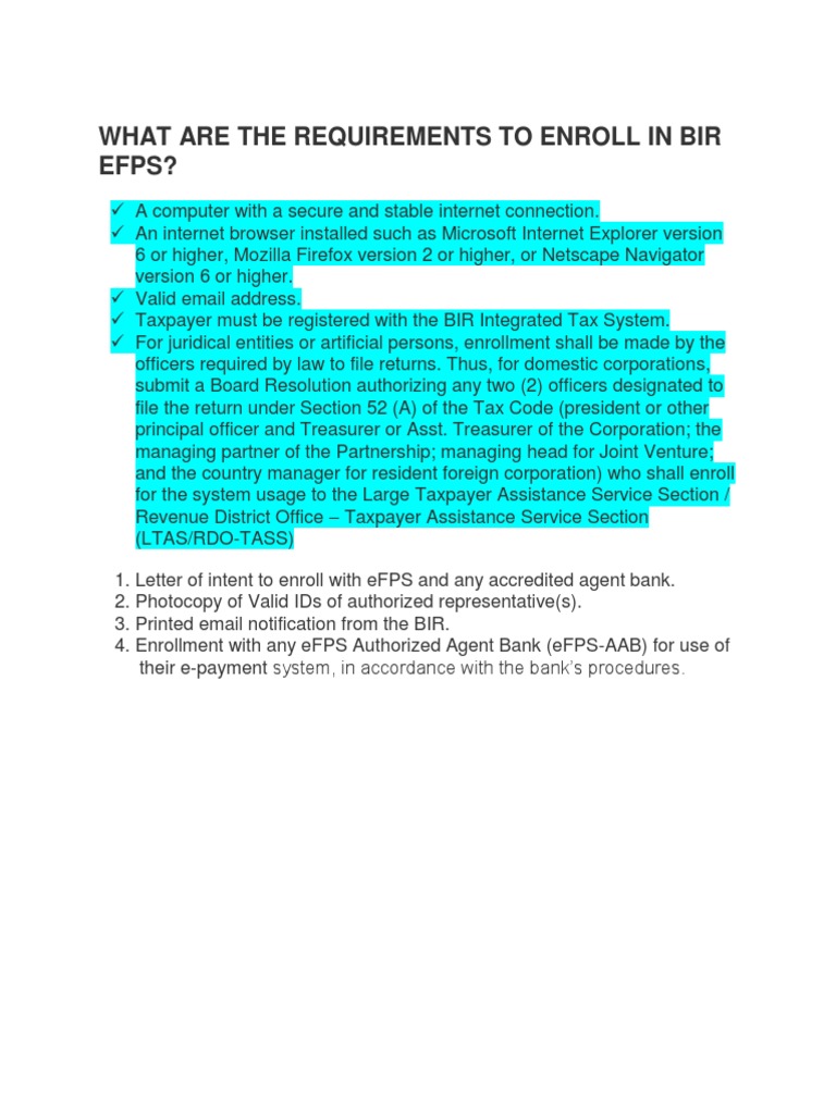 What Are The Requirements To Enroll in Bir Efps | PDF