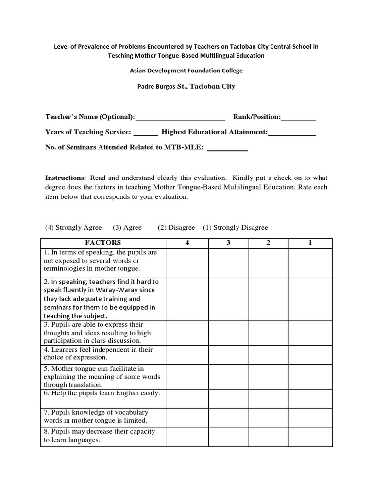 Research Questionnaire | PDF | Multilingualism | First Language