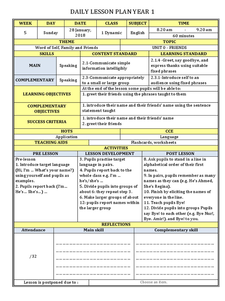 Year 1 Dynamic English Lesson Plan | PDF | Lesson Plan | English Language