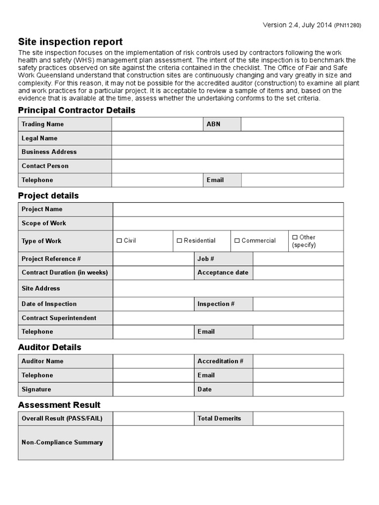 Site Inspection Report: Principal Contractor Details | PDF ...