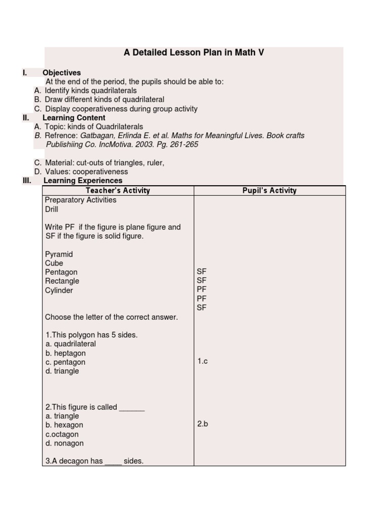 A Detailed Lesson Plan in Math V: I. Objectives | PDF | Rectangle ...