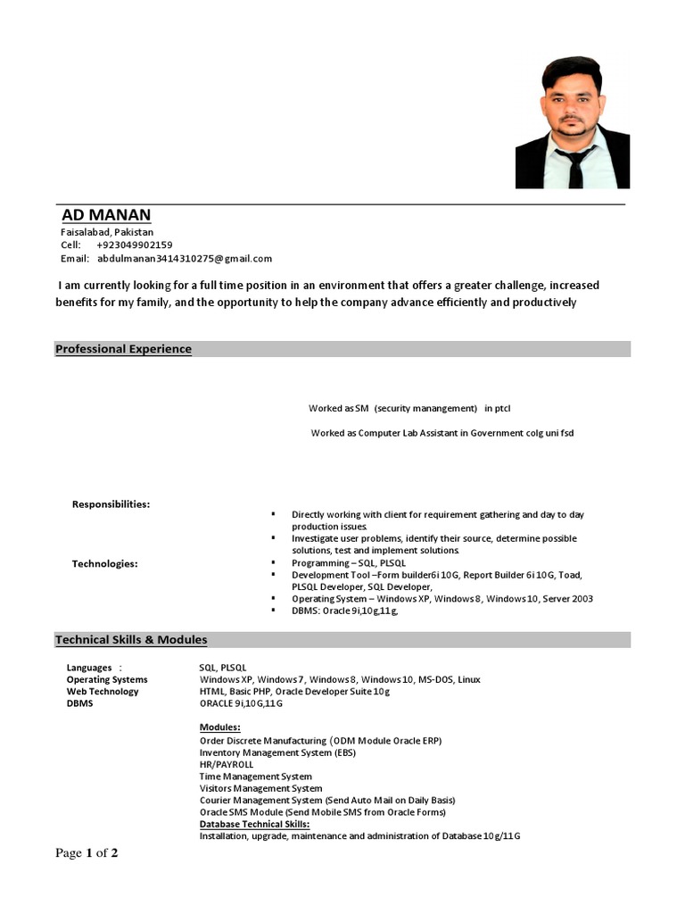 CV Manan 1 | PDF | Oracle Database | Databases