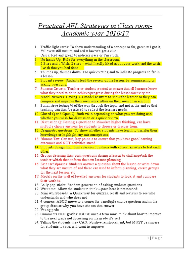 AfL Strategies | PDF | Question | Educational Assessment