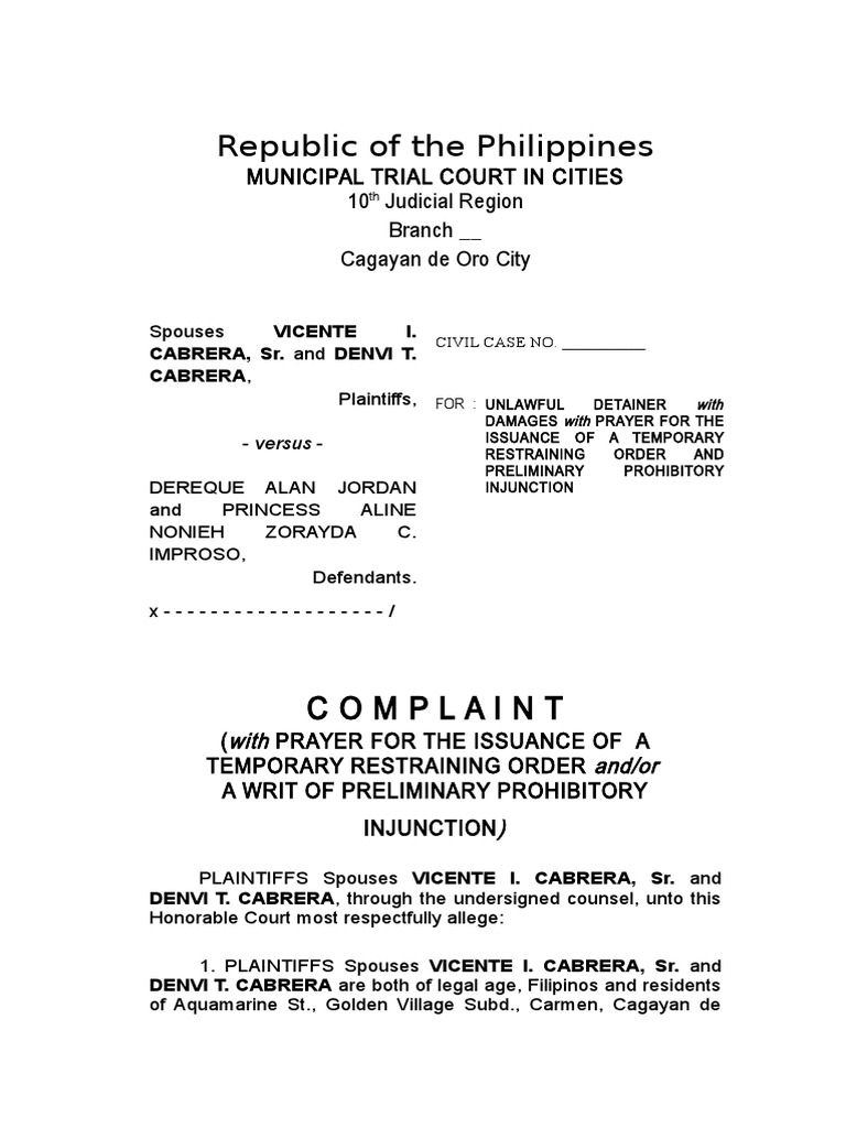Republic of The Philippines: Complaint | PDF | Injunction | Damages