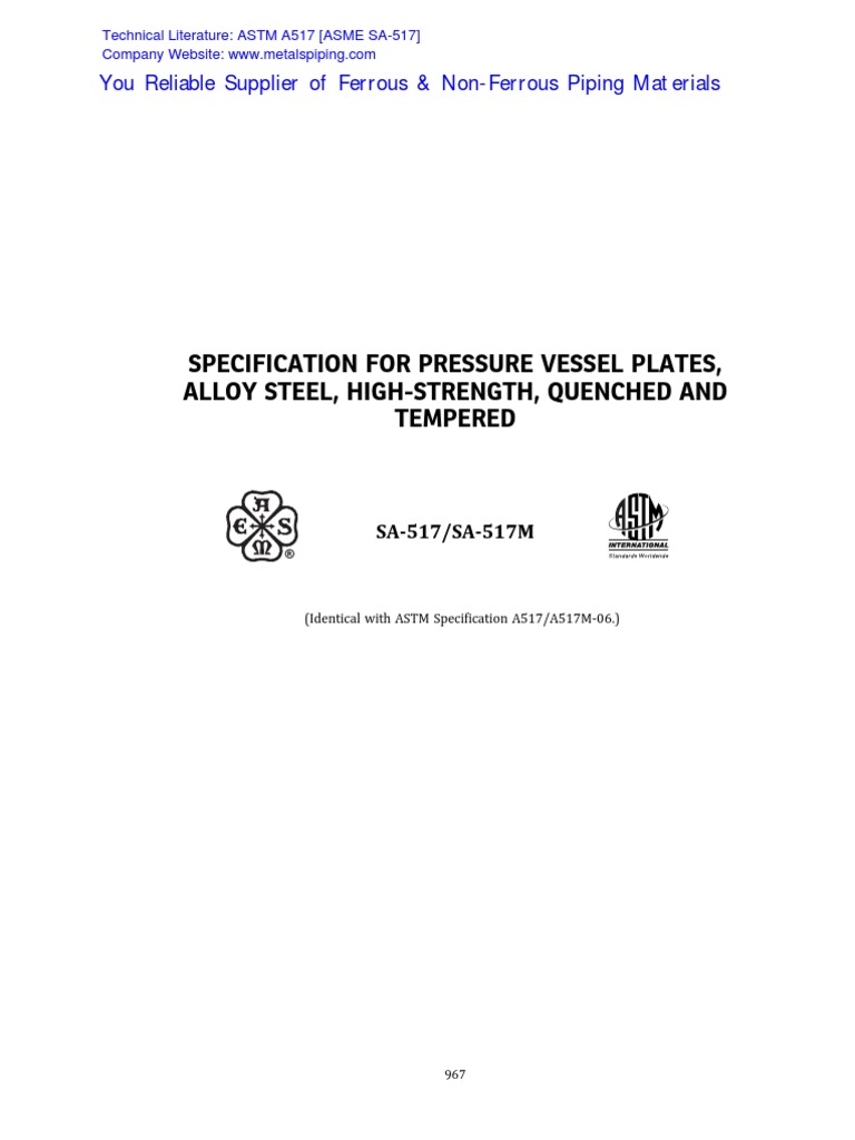 Asme Sa 517 Astm A517 PDF | PDF | Heat Treating | Chemical Substances