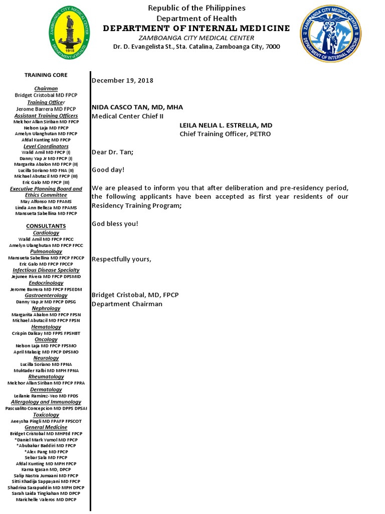 Acceptance Letter | PDF | Residency (Medicine) | Medicine