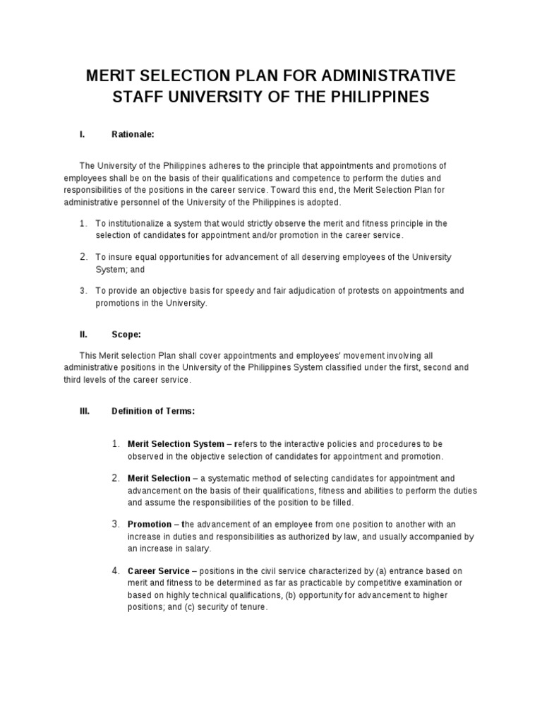 Merit Selection Plan For Administrative Staff University of The ...