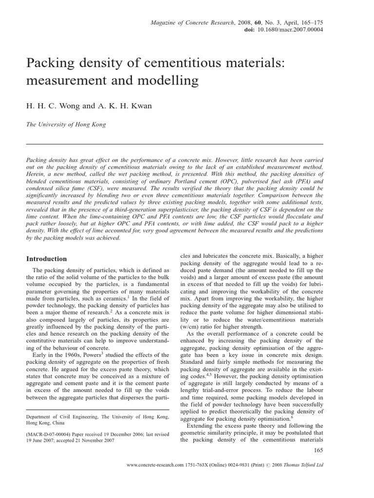 Packing Density of Cementitious Materials: Measurement and Modelling ...