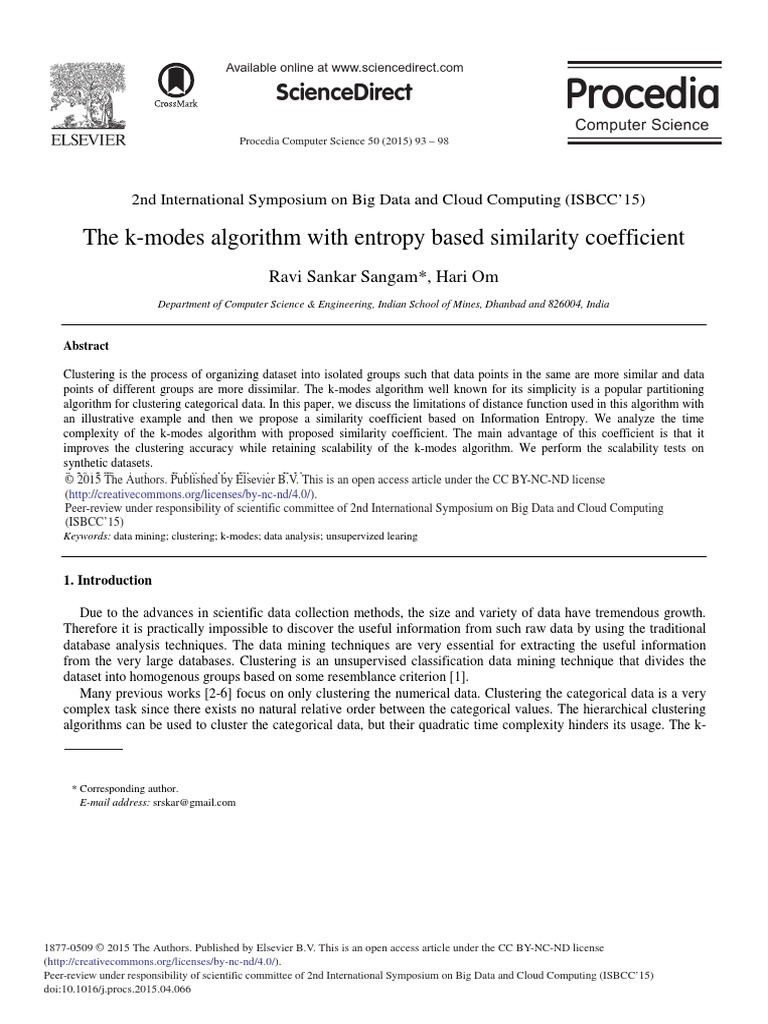 The K-Modes Algorithm With Entropy Based Similarity Coefficient | PDF | Cluster Analysis | Array ...