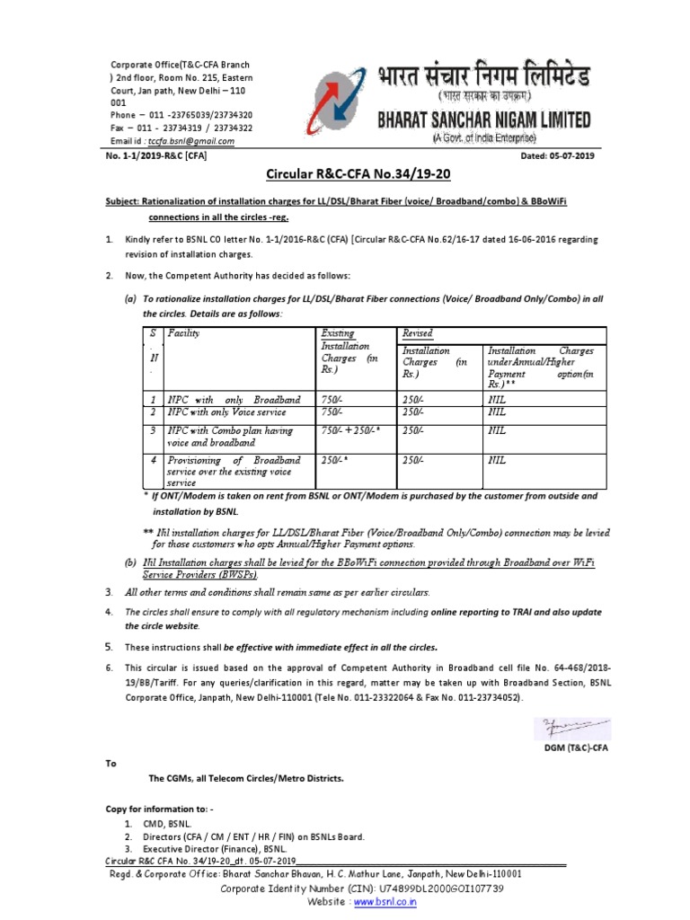 Revised BSNL Fiber Installation Charges | PDF | Internet Access ...