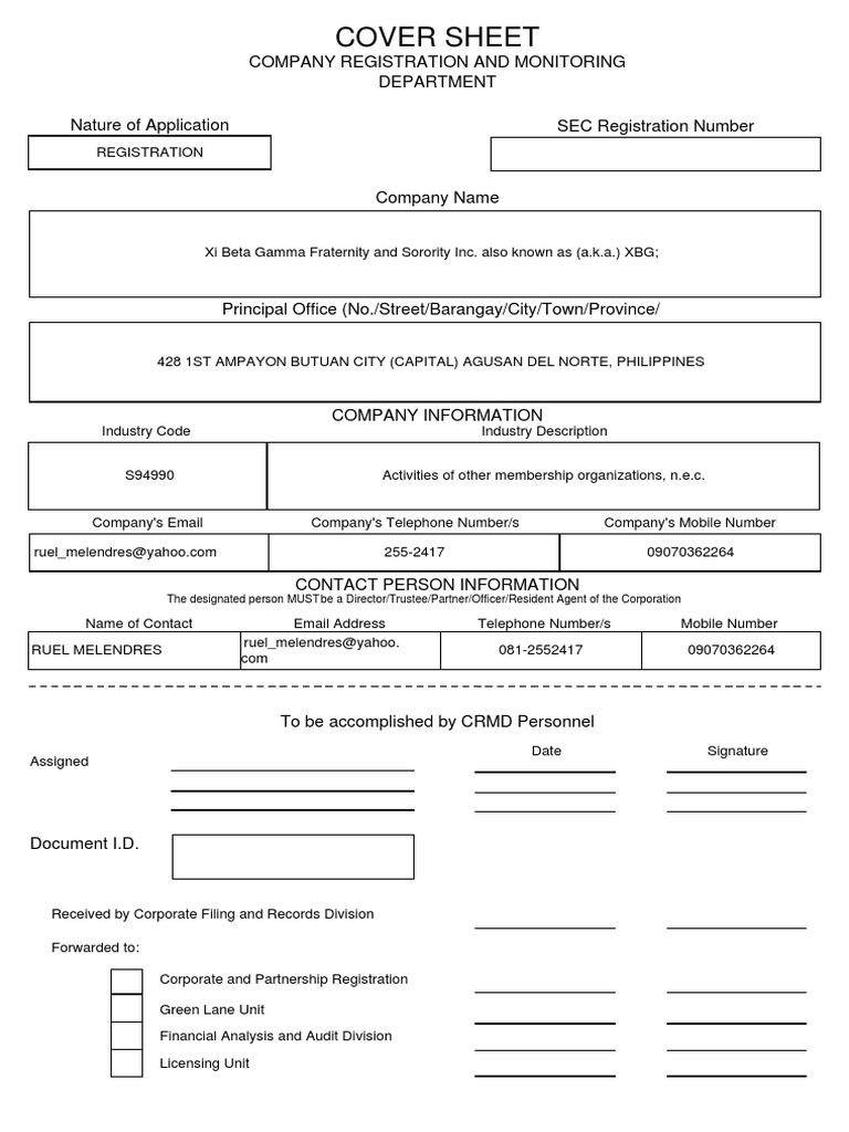 Cover Sheet: The Designated Person Be A Director/Trustee/Partner ...
