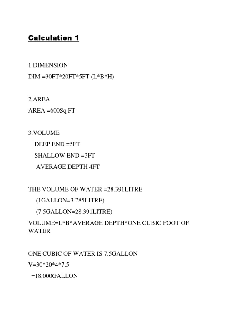 Calculation Swimming Pool | PDF | Litre | Volume