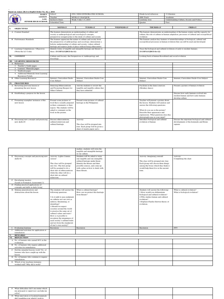 Based On Annex 2B.6 To Deped Order No. 42, S. 2016 Daily Lesson Log Senior High School | PDF ...