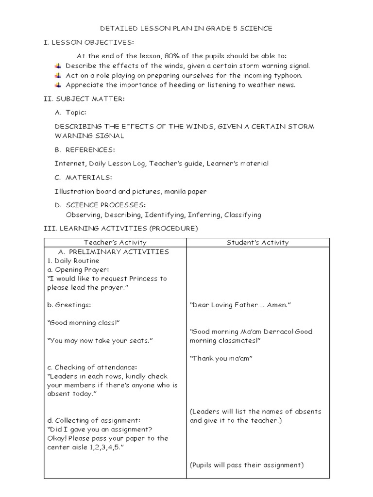 Detailed Lesson Plan in Grade 5 Science | PDF | Tropical Cyclones ...