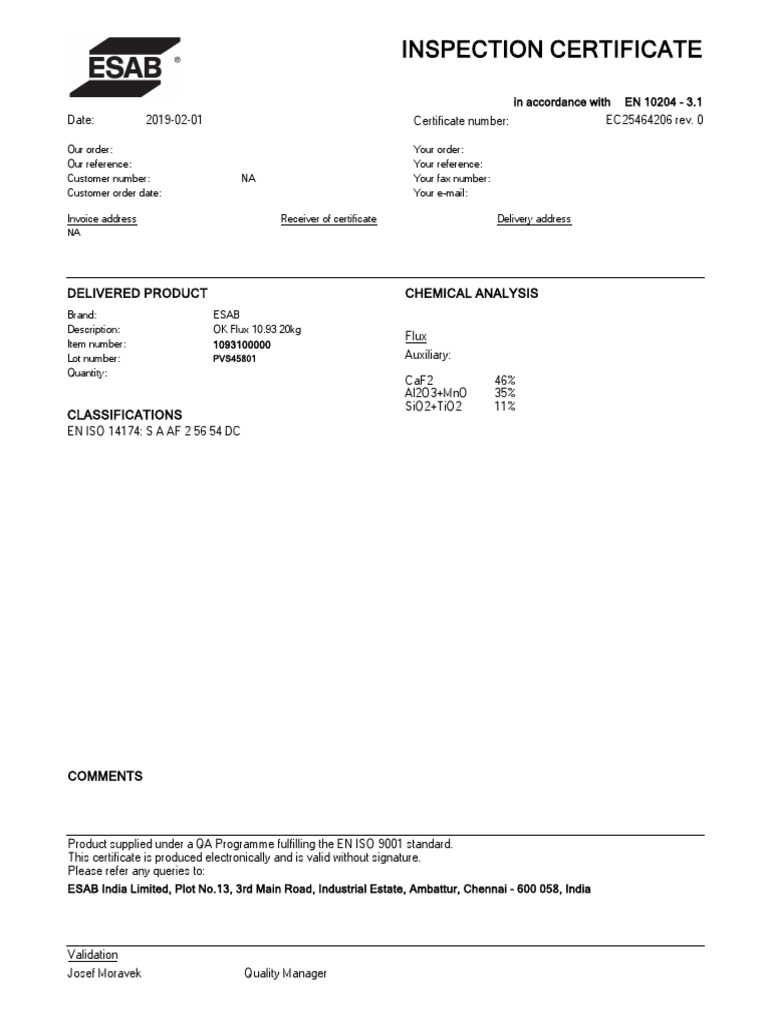 SS SAW Welding Flux Sample MTC | PDF