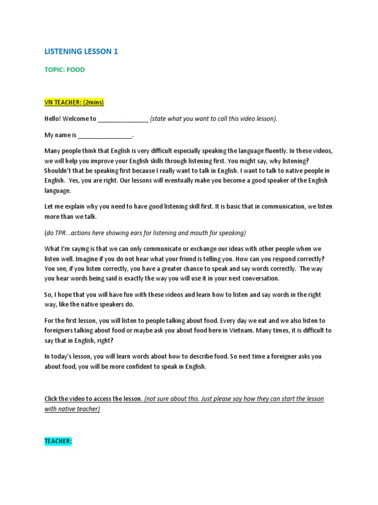 Lesson Plan - Food | PDF | Taste | English Language