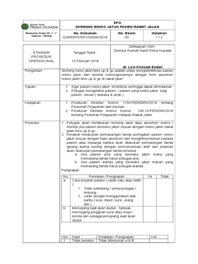 Contoh Spo Skrining Risiko Jatuh Pasien Rawat Jalan | PDF