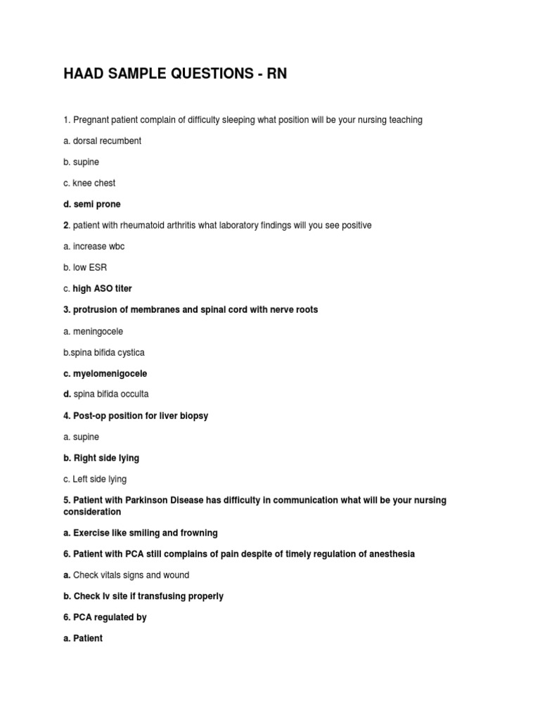 HAAD RN Exam Sample Questions | PDF | Medical Specialties | Clinical ...