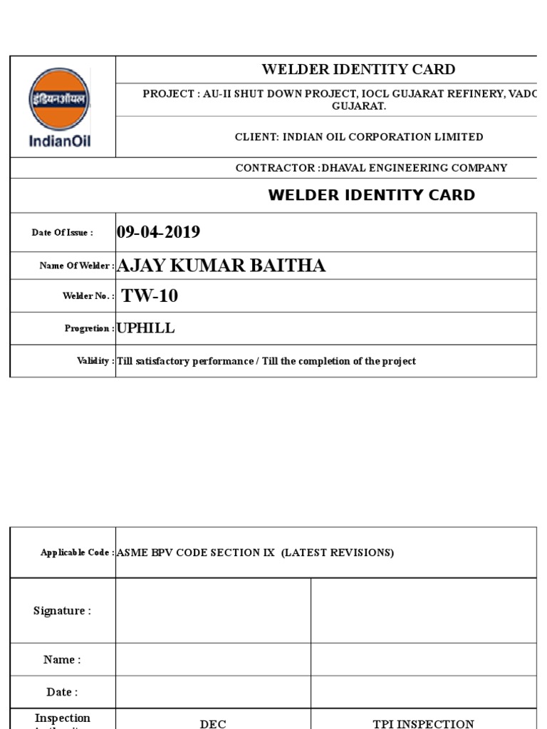Welder Id Card Dhaval | PDF | Welding | Construction