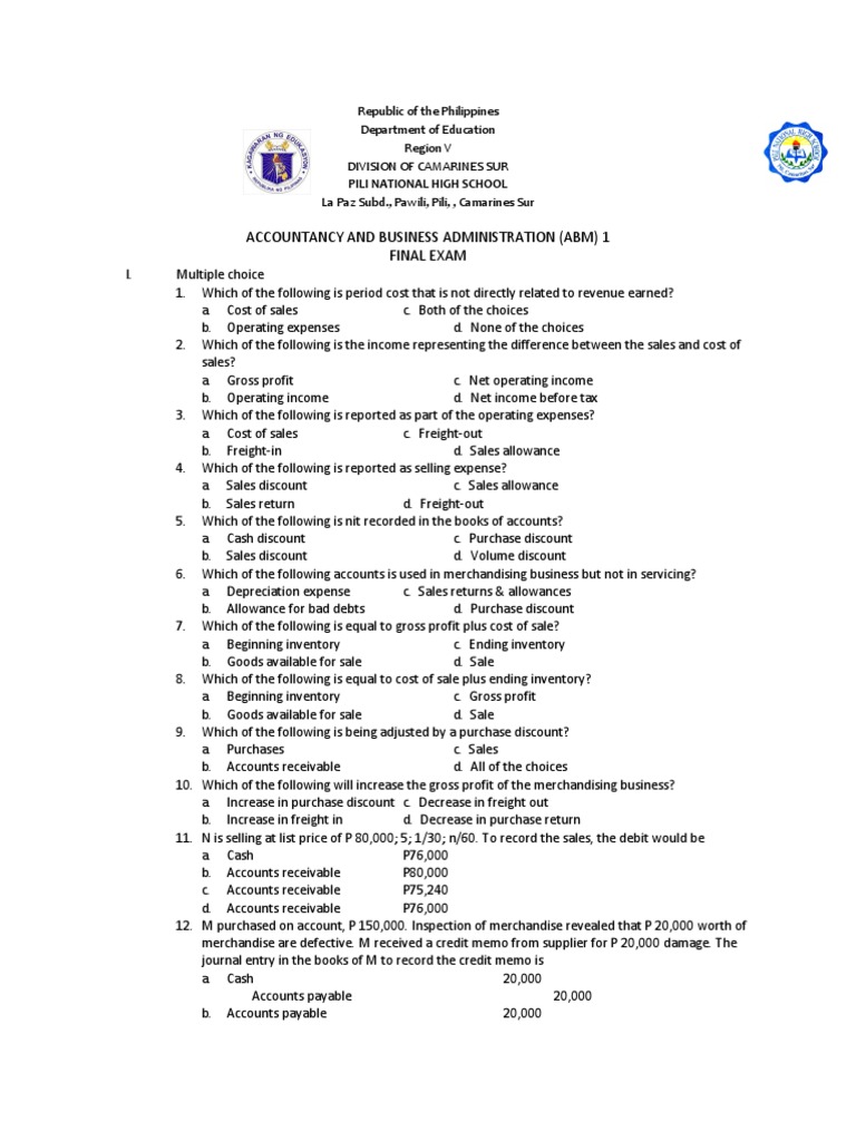 Final Exam Abm 1 | PDF | Debits And Credits | Revenue