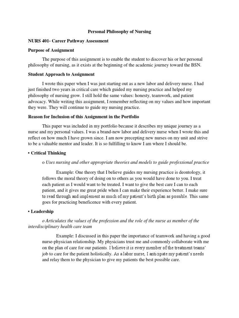 Personal Philosophy of Nursing NURS 401-Career Pathway Assessment ...