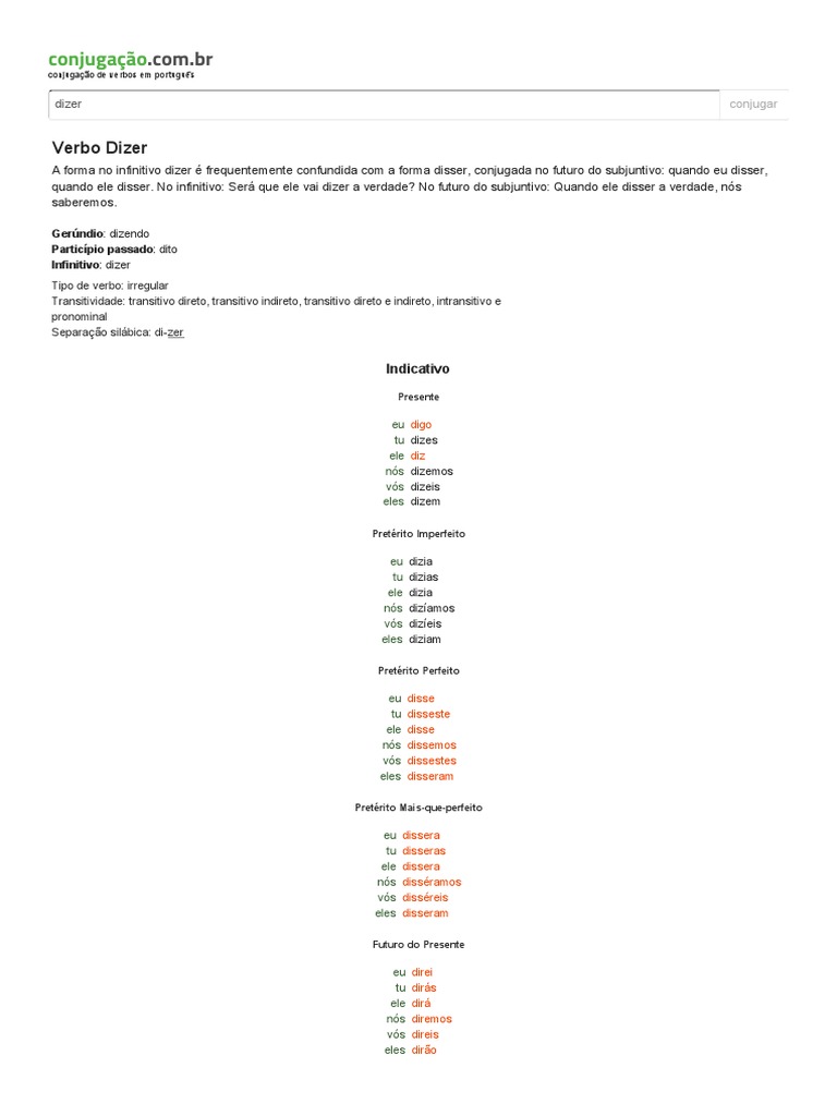 Conjugação Do Verbo Dizer - Conjugação de Verbos | PDF | Sintaxe ...