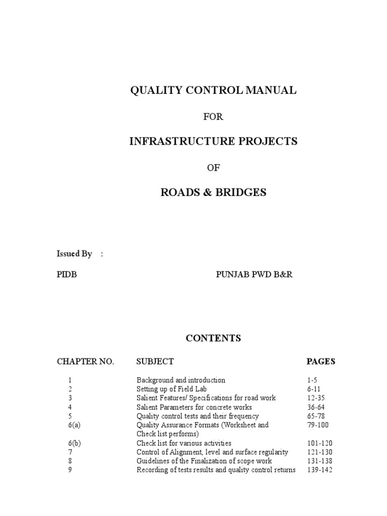 Quality Control Manual: Issued By: Pidb Punjab PWD B&R | PDF ...