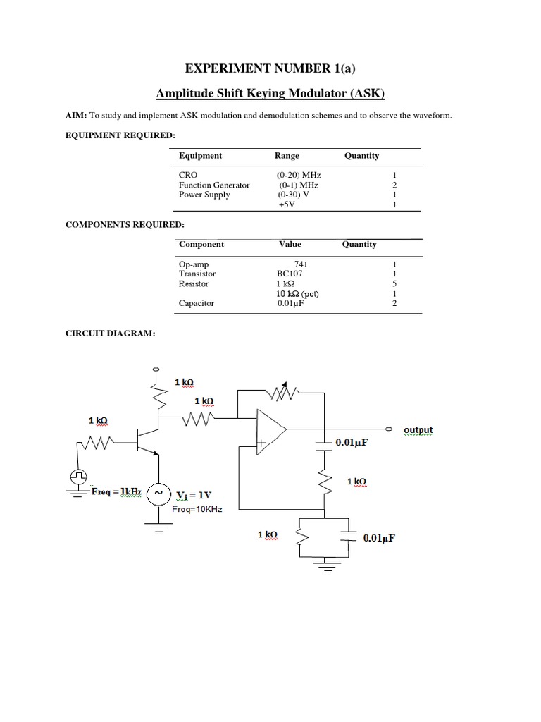 Experiment Number 1 (A) Amplitude Shift Keying Modulator (ASK) | PDF | Modulation | Electronic ...