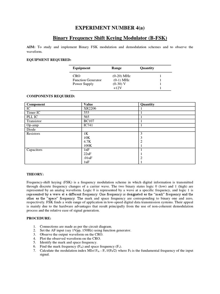 Experiment Number 4 (A) Binary Frequency Shift Keying Modulator (B-FSK ...