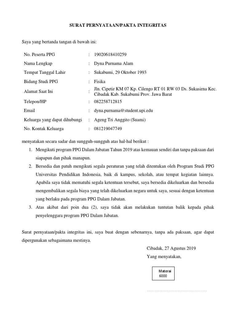 Surat Pernyataan Upi 2019 | PDF